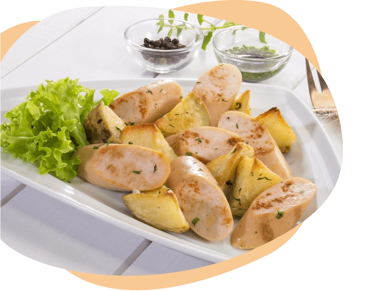 Salchicha pechuga de pollo con papas al horno en Recetas Pietrán